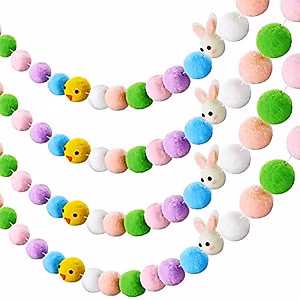 2 Pieces Easter Felt Rabbit Pom Pom Garlands Bunny Chicken Ball Banner Colorful Pom Pom Hanging Garland Banner for Easter Party Home Decorations
