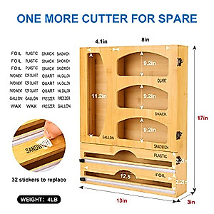 Ziplock Bag Organizer and Wrap Dispenser with Cutter – Practical 6-in-1 Bamboo Kitchen Drawer Organizer Store Gallons, Quarts, Sandwich and Snack Bags, Plastic Wrap, Foil, Wax
