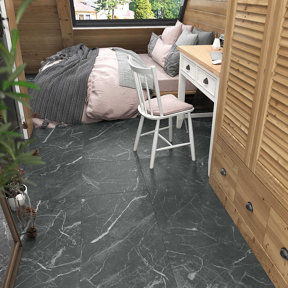 WESTICK Grey Black Marble Peel and Stick Floor Tile Vinyl Flooring Peel and Stick Bathroom Floor Tiles Waterproof Non-Slip Flooring Tile Sticker for Kitchen Bedroom RV 5 PCS 12" x 12"