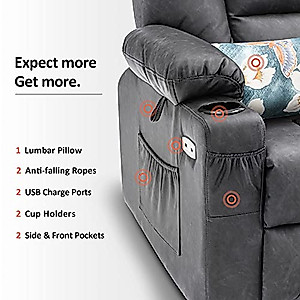 MCombo Power Lift Recliner Chair with Massage and Heat for Elderly, Extended Footrest, 3 Positions, Lumbar Pillow, Cup Holders, USB Ports, Faux Leather 7519 (Medium, Dark Grey)