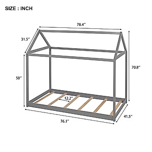 Twin Size House Bed, Wooden Daybed, Floor Bed for Toddlers, Teens, Girls, Boys, Kids House Bed Frame Can Be Decorated (Gray)