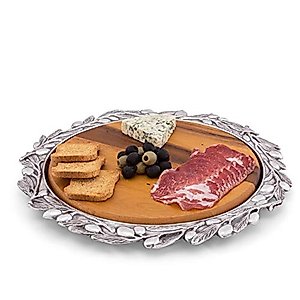 Arthur Court Sand-Cast Aluminum Pizza or Cheese Server with Wood Board; Olive Pattern Metal Holder 16 inch Diameter