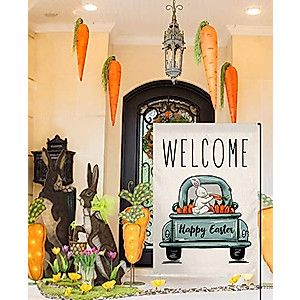 Sambosk Easter Bunny Carrot Small Garden Flag Vertical Double Sided Burlap Happy Easter Truck Spring Farmhouse Yard Outdoor Decoration 12 x 18 Inches