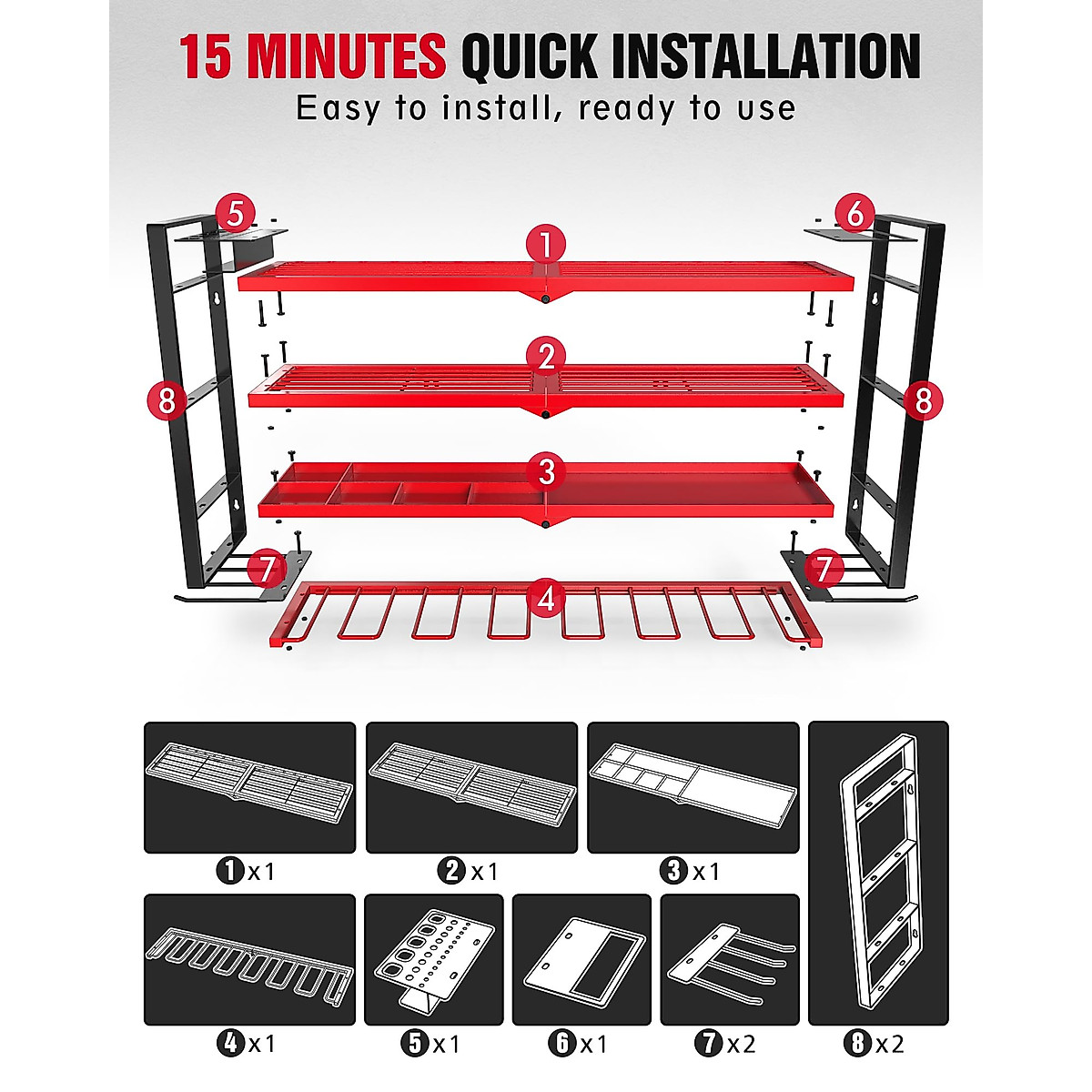 EACONPT Power Tool Organizer, 4 Layer Metal Tool Organizers and Storage, 11 Drill Holder Wall Mount, Power Tool Organizer Wall Mount, Heavy Duty Tool Organizer for Garage Storage, Gifts for Men, Red