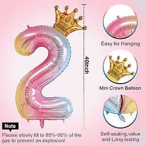 40 Inch Rainbow Gradient Number 2 & Mini Crown Balloon for Birthday Party Decorations, 2nd Birthday Party Decorations, Baby Shower Anniversary Balloons Decorations Supplies