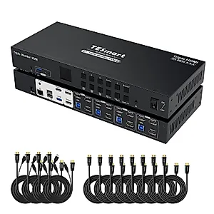 TESmart USB 3.0 HDMI KVM Switch 3 Monitors 4 Computers 4K@60Hz, Headset, Audio&Microphone, EDID emulators, Hotkey Switch, Wired Network, Rack-Ears, 4 Port Triple Monitor KVM Switch with All Cables