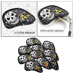 BESSTUUP 10pcs Golf Head Covers for Irons Putter, Sticker PU Leather Skull Pattern Golf Irons Headcovers Covers, Gigfts for Golfer Men Women