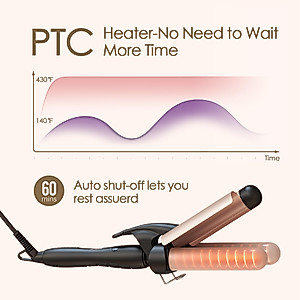 3 Barrel Curling Iron Wand, 1.25 Inch Ceramic Tourmaline Triple Barrels，Temperature Adjustable Portable Crimper Hair Iron for Beach Waves, Hair Waver Heats Up Quickly with LCD Temp Display（Rose Gold）