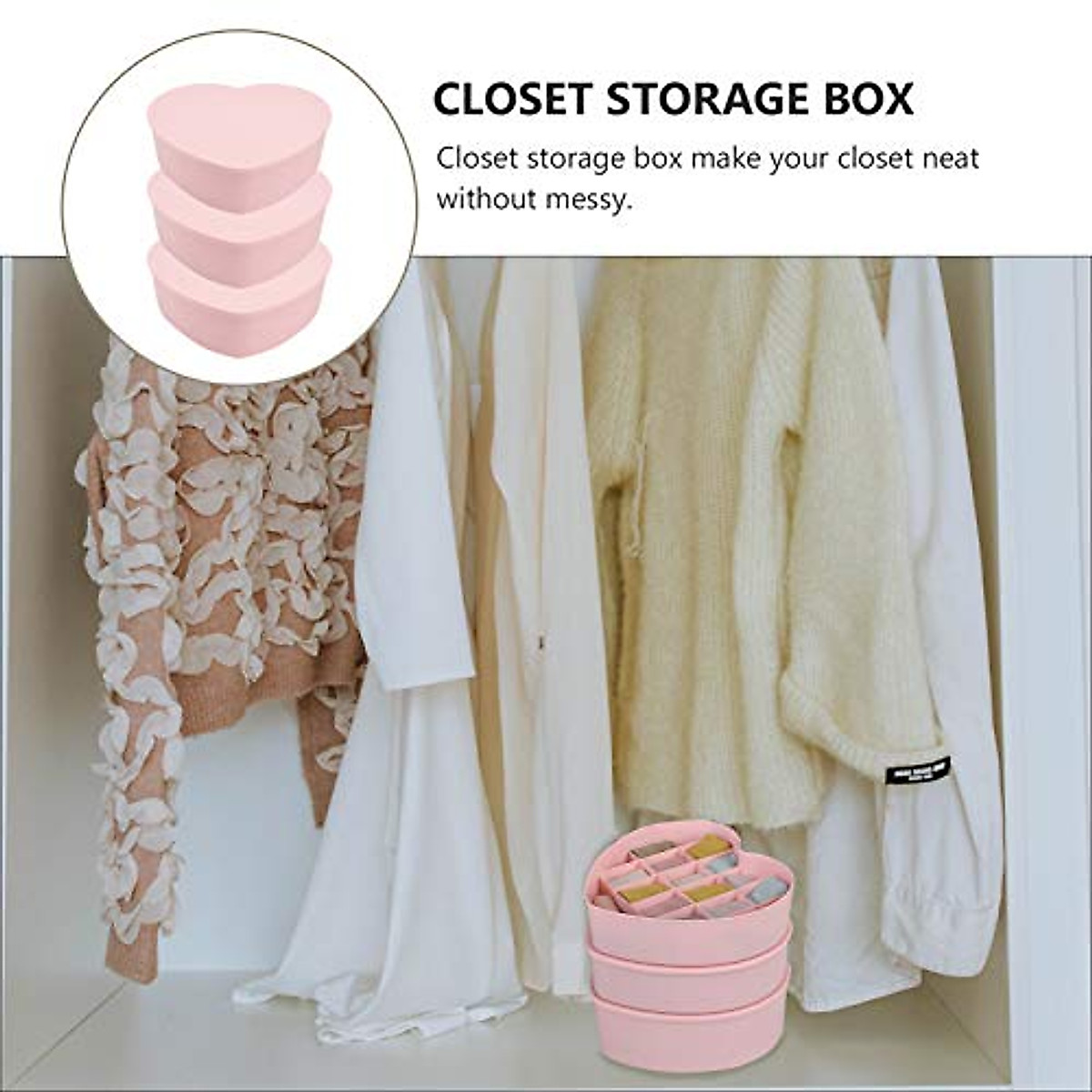 AlTurn 3Pcs Underwear Organizer Box with Lids Heart Shaped Closet Dresser Drawer Dividers Containers Stackable for Lingerie Socks Bras Scarves (Color : Pink)