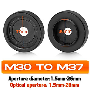 Adjustable Iris Aperture Diaphragm M30 to M37 Iris Aperture Diaphragm Adapter Optical Diaphragm 1.5-26mm Lens Module Adapter Ring Optics PVS-14 PVS 14 Optics (M30/M37*1)