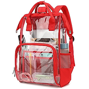 Yusudan Heavy Duty Clear Backpack for Men Women, School Bag Bookbag PVC Plastic Transparent Backpacks for Boys Girls (Red)