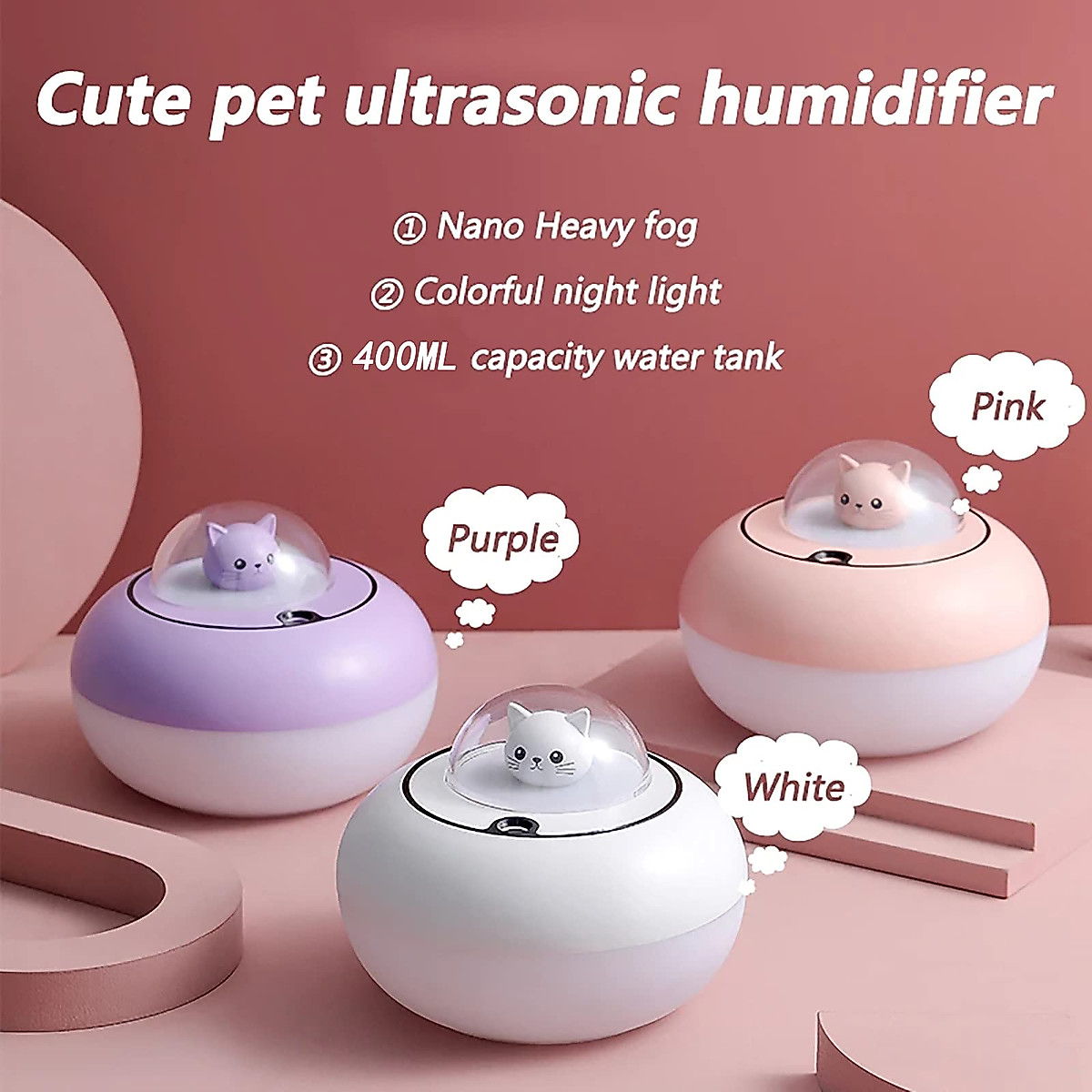 400ML household humidifier, night light cold fog humidifier, automatic timing off, automatic shutdown without water, whisper silent air humidifier, cute kitten, plant, office (Purple)