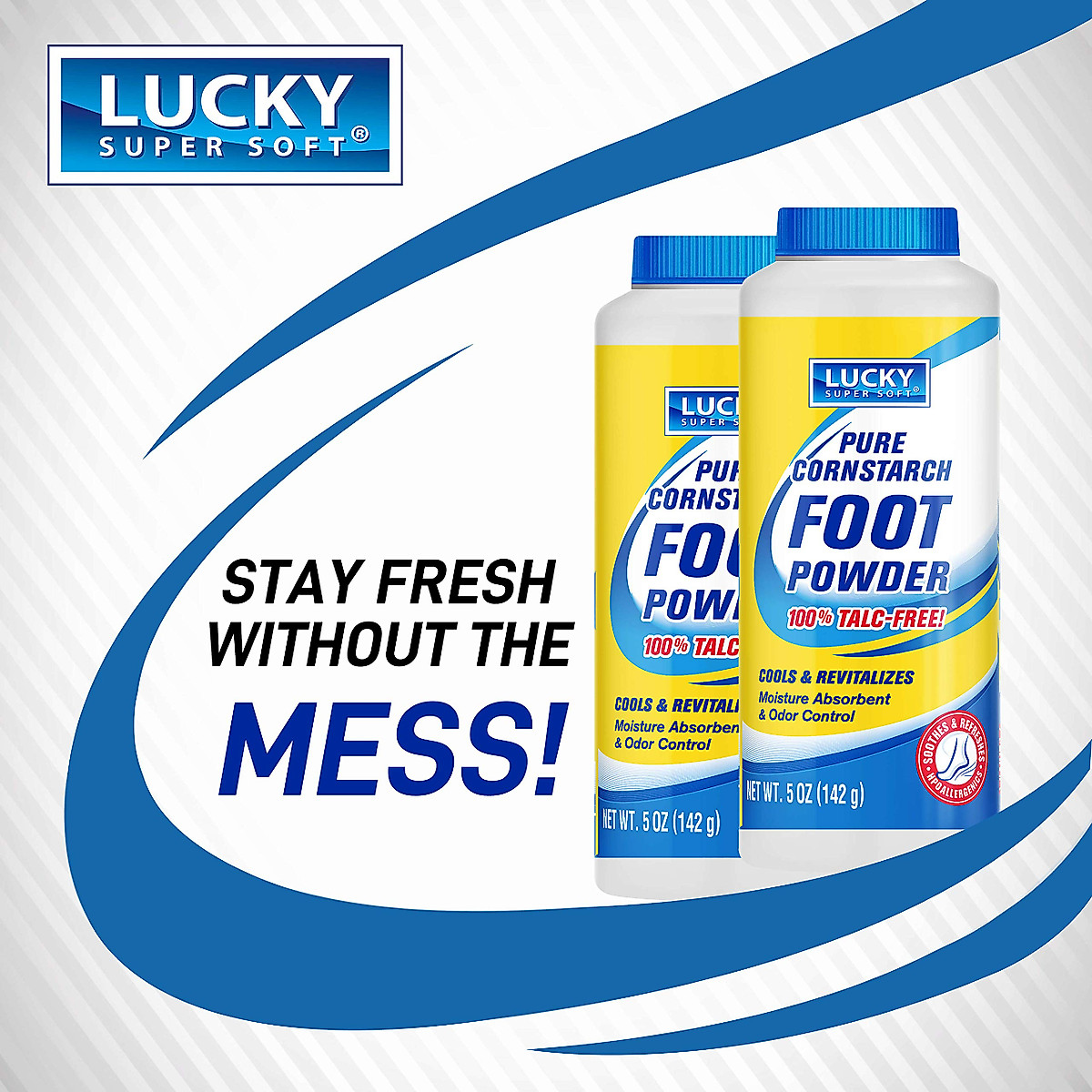 Lucky Super Soft Cornstarch Foot Powder, Talc-Free, Moisture Absorbing Odor Fighting Formula, Natural Protection Against Chafing - (12, 5-Ounce Bottles)