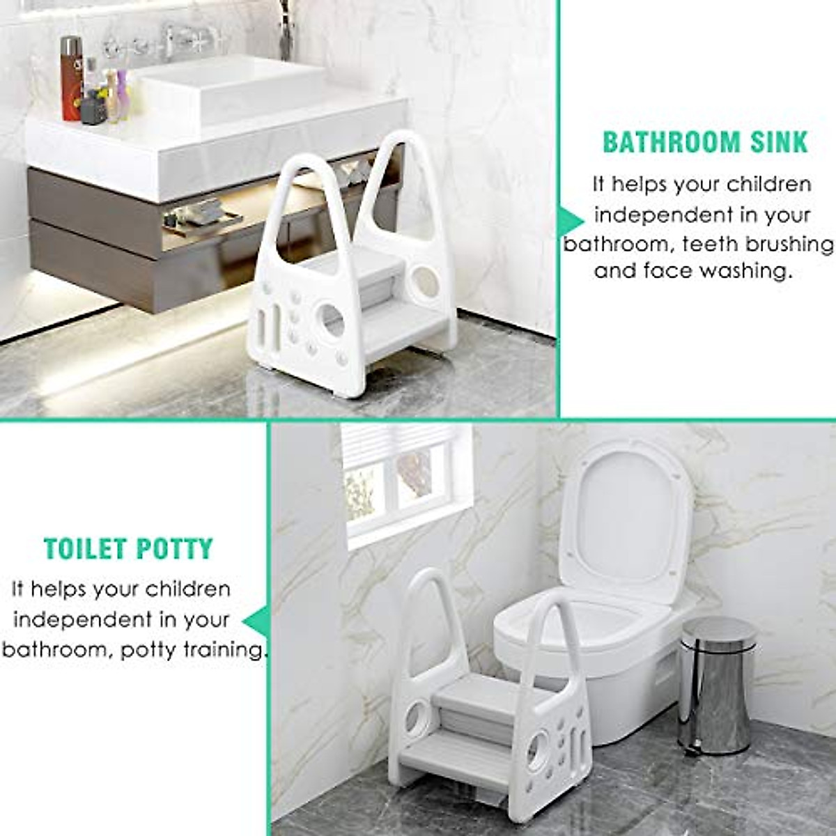 KATARUS Toddler Step Stool for Kids Two Step Standing Tower for Kitchen Counter, Bathroom Sink & Toilet Potty Training, Children Step Ladder Learning Helper with Handles and Safety Non-Slip Pads, Grey