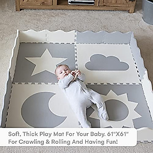 Baby Play Mat Tiles - 61" x 61" Extra Large, Non Toxic Foam Baby Floor Mat - Grey & White Interlocking Playroom & Nursery Playmat - Safe & Protective for Infants & Toddlers (Grey)
