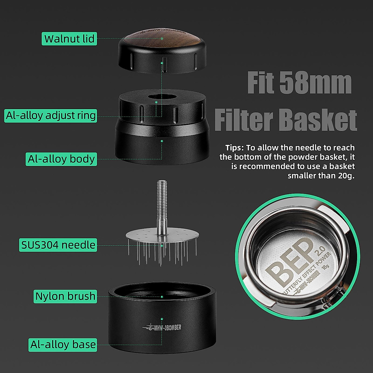 MHW-3BOMBER 58mm Espresso WDT Tool, Professional Coffee Distributor Tool for Baristas with Clean Base, All-in-one Coffee Powder Stirring Tool - Espresso Machine Accessories, T6021B