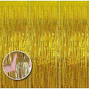 WOPARTY Fringe Curtains Gold,4 Pack 3.3x6.6 ft Foil Tinsel Curtains for Birthday Wedding Party Photo Backdrop