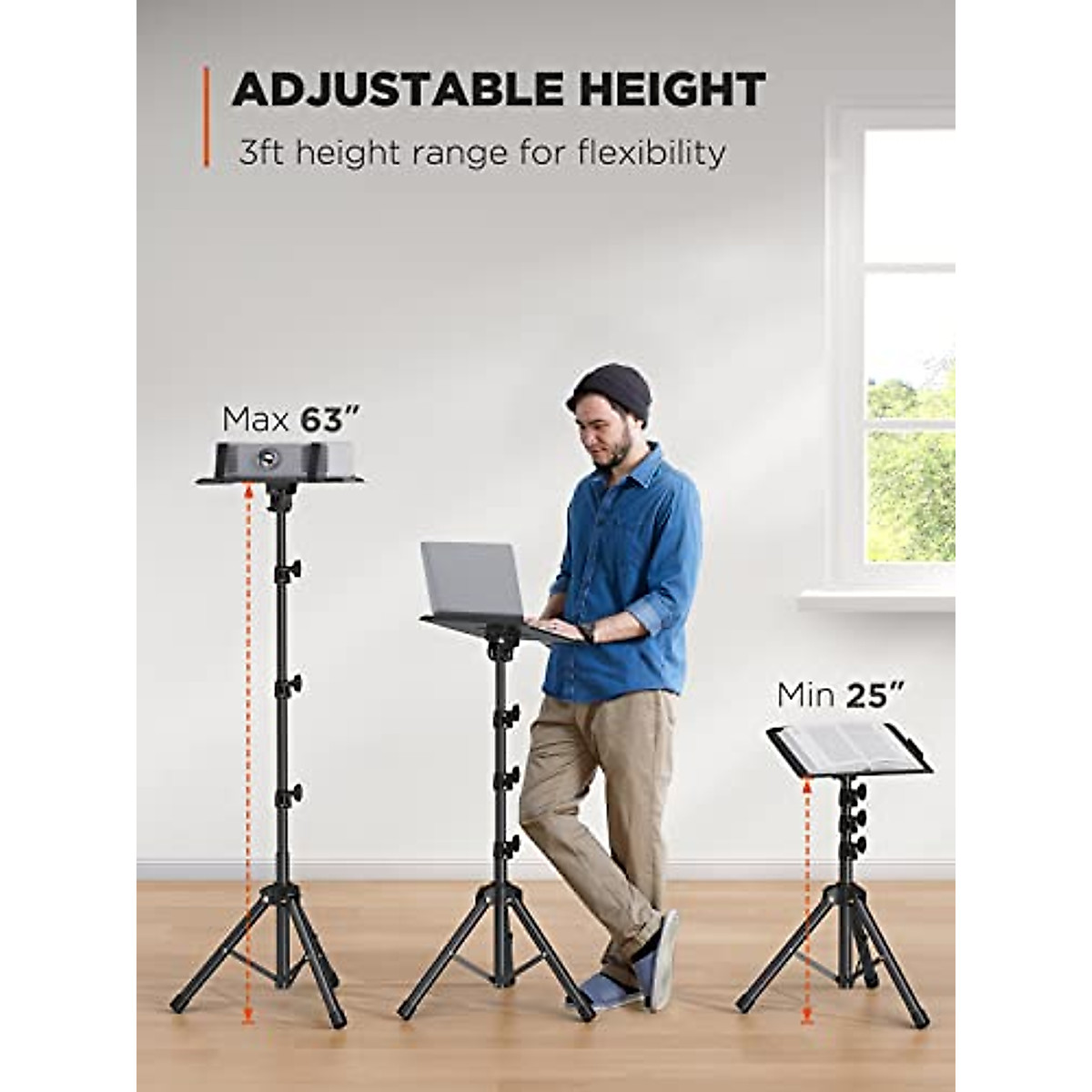 AMADA Projector Tripod Stand, Portable Projector Stand, Multipurpose Laptop Stand with Removable Mouse Tray, Height Adjustable Projector Stand 25-63 inch, Outdoor Projector Stand, AMPS03