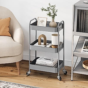 TOOLF 3-Tier Rolling Cart, Metal Utility Cart with Lockable Wheels, Storage Craft Art Cart Trolley Organizer Serving Cart Easy Assembly for Office, Bathroom, Kitchen, Kids' Room, Classroom (Grey)