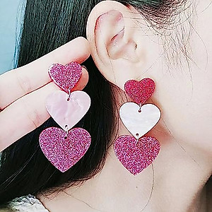 Pink Heart Earrings for Women,Double Heart Drop Earrings Y2K Lover Heart Dangle Earrings Summer Beach Acrylic Candy-colored Earrings Valentine's Day Jewelry Gift (pink)