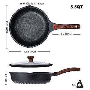 Vinchef Nonstick Deep Frying Pan Saute Pan with Lid, 12in/5.5Qt Fry Pan, German 3C+ Ceramic Coating Technology, Heat Indicator, Induction Compatible