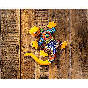 Enchanted Talavera Pottery Hand Painted Mexican Ceramic Garden Creatures Gecko Salamander Frog Butterfly Dragonfly Animals Butterflies Reptiles Wall Décor Art (Medium 10 x 9 Marigold)