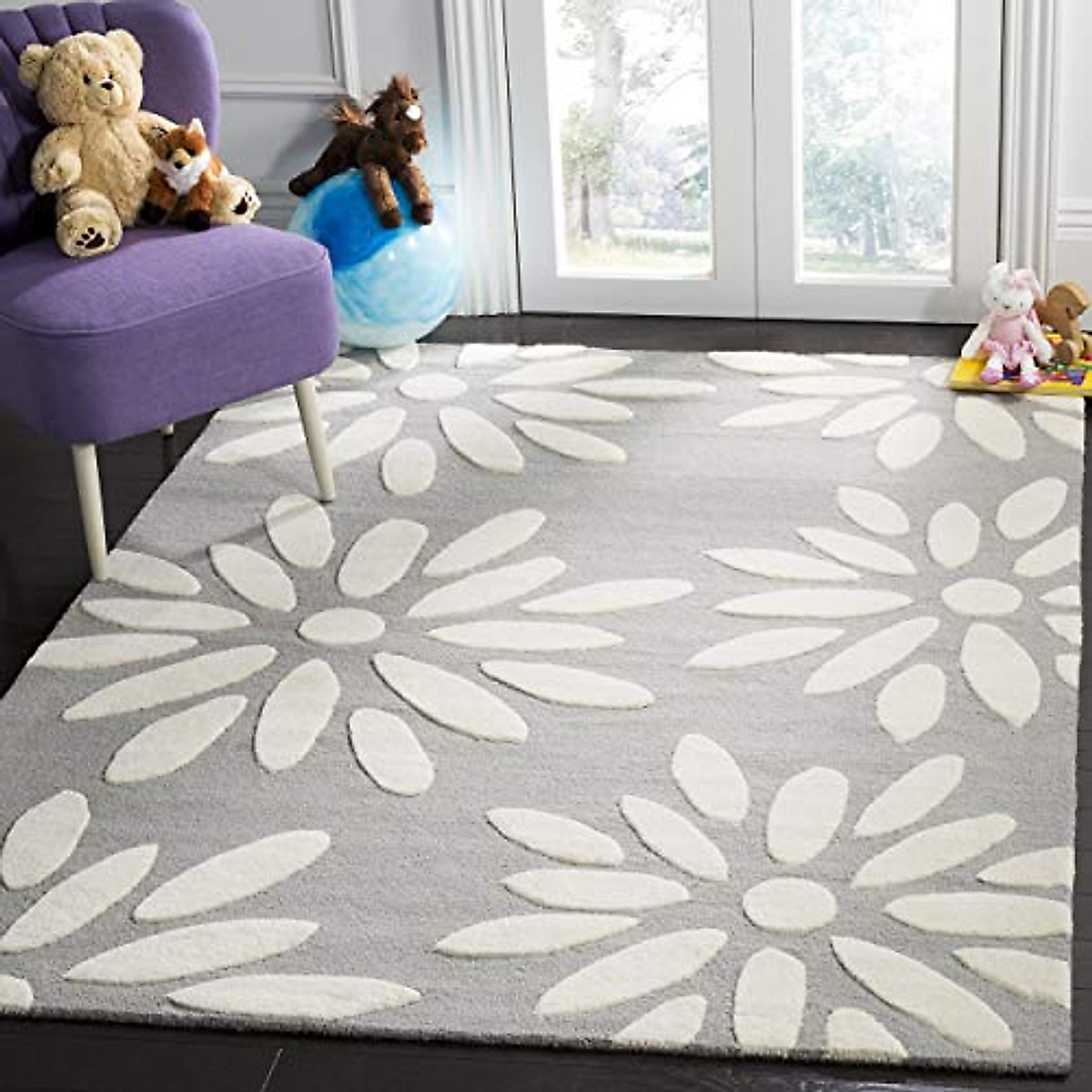 SAFAVIEH Kids Collection Area Rug - 8' x 10', Grey & Ivory, Handmade Daisy Wool, Ideal for High Traffic Areas in Living Room, Bedroom (SFK914C)