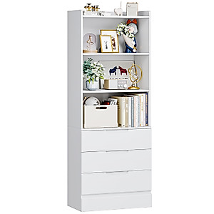 Hasuit Tall Bookshelf with Drawers Bookcase with 3 Drawers and 3-Tier Open Shelves Tall White Bookshelf with Anti-Tipping Kits Wood Bookshelf with Storage for Study Living Room Kitchen Bathroom, White