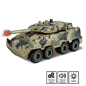 Vokodo Military Tank Battle Truck Toy Push and Go with Lights and Sounds Durable Quality Pivoting Top Friction Power Kids Armored Vehicle Play Army Car Great Gift for Children Boys Girls Camouflage