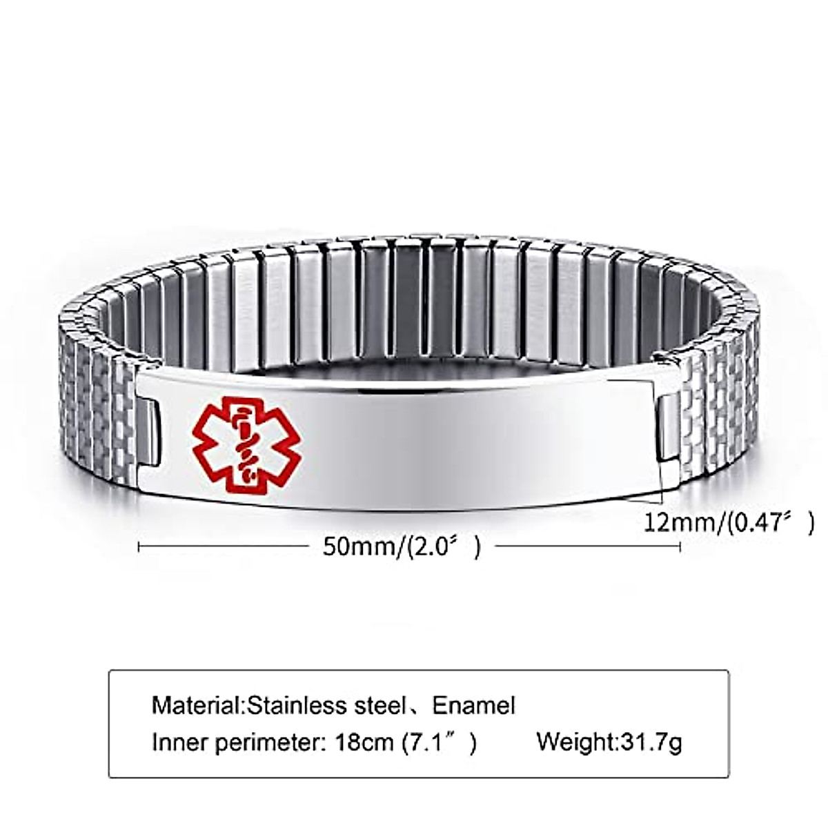 DIB Free Engraving Elastic Stretch Stainless Steel Medical Alert ID Bracelets for Women Men, Silver/Gold/Black