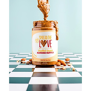 Spread The Love UNSALTED CRUNCH Almond Butter, 16 Ounce, All Natural, Vegan, Gluten Free, Creamy, No Added Salt or Sugar, No Palm Fruit Oil, Not Pasteurized with PPO, Made in California
