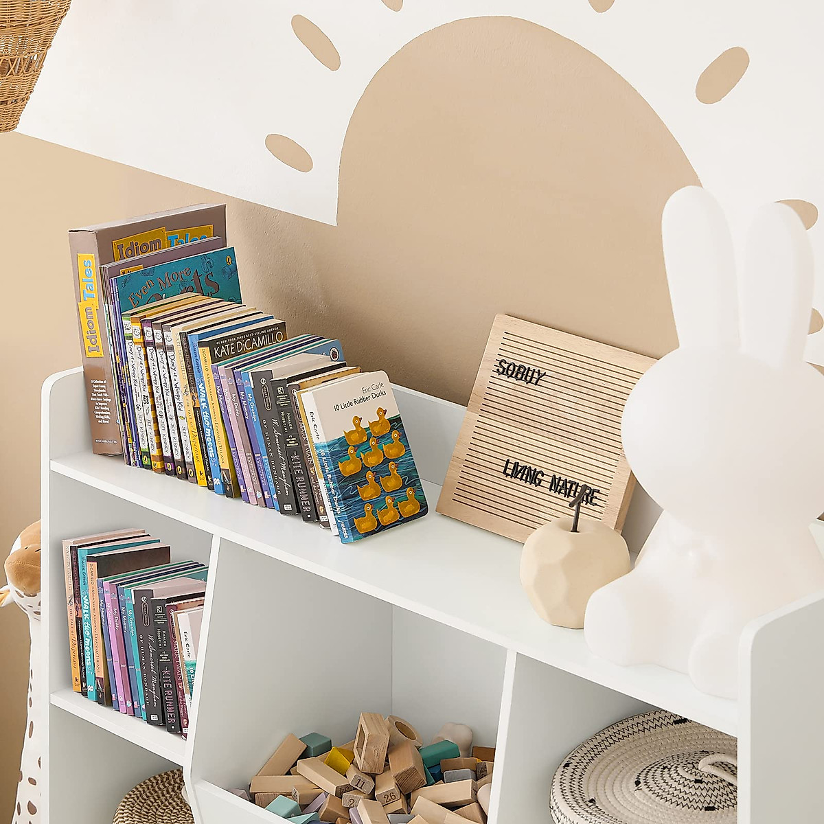 Haotian Kid's Bookshelf Children Bookcase with Toy Storage Organizer, Toddler Book Rack for Playroom, Book Holder for Nursery Classroom, White, KMB55-W