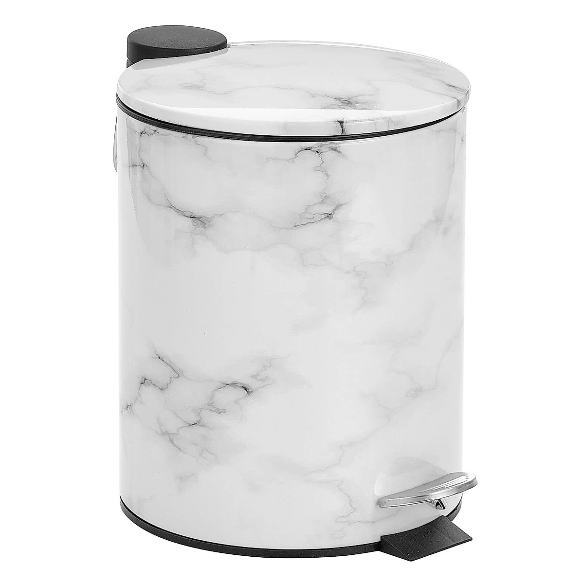 mDesign Metal 1.3 Gallon/5 Liter Round Step Trash Wastebasket, Garbage Container Bin with Lid for Bathroom, Powder Room, Bedroom, Kitchen, Craft Room, Office - Removable Liner Bucket - White Marble