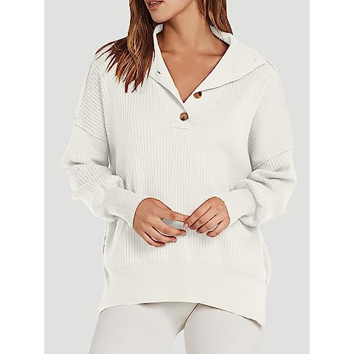 ANRABESS Women's 2023 Fall Sweater Lapel Collar V Neck Button Long Sleeve Drop Shoulder Oversized Ribbed Knit Comfy Loose Casual Slouchy Pullover Shirt Jumper Top with Slit757mibai-M White