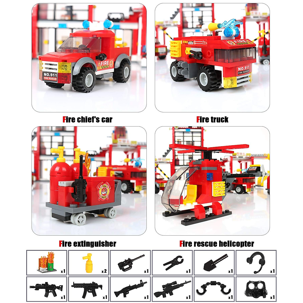 896 Pieces City Fire Station STEM Building Blocks Set, Fire Truck, Helicopter, Vehicle, Creative Fire Rescue Toy, Baseplates Storage Box, Roleplay Parent-Child Playset, Gift for Kids Boys Girls 6-12