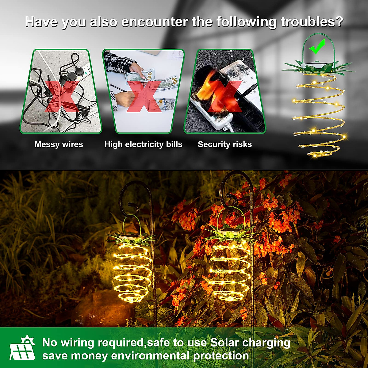 JSOT 2 Pack Solar Lanterns Outdoor Waterproof, 60LEDs Hanging Pineapple Decorative Lights for Backyard, Porch, Patio, Table, Yard, Balcony, Plants, Teepee, Lawn, Pathway, Warm Light.