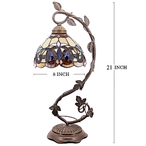 WERFACTORY Tiffany Table Lamp Stained Glass Victorian Table Lamp, Metal Leaf Base 8X10X21 Inches Desk Reading Light Decor Small Space Bedroom Home Office S021 Series