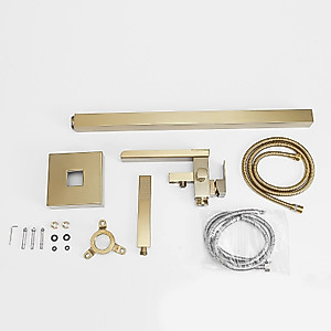 Freestanding Bathtub Faucet Brushed Gold Waterfall Bathtub Faucet Floor Mount Tub Filler Single Handle Bathtub Shower Faucets with Hand Shower Swivel Spout Brass Mixer Tap by BWE