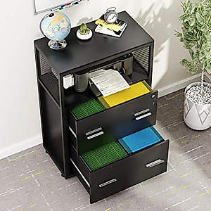 Tribesigns 2 Drawer Lateral File Cabinet with Lock, Letter/Legal / A4 Size, Large Modern Filing Cabinet Printer Stand with Metal Wire Open Storage Shelves for Home Office (Black)