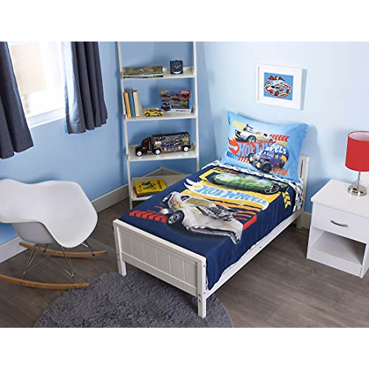 Hot Wheels Race Car 4-Piece Toddler Bedding Set - Includes Quilted Comforter, Fitted Sheet, Top Sheet, and Pillow Case, 28" x 52"