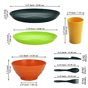 Evanda Plastic Dinnerware Set 28 Piece, Reusable Light Weight Mugs, Bowls, Dishes, Knives, Forks, Spoons for Camping Picnics And Everyday Use, Dishwasher Safe (Mutil Color)
