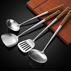 NIITAWH Wok Utensils for Carbon Steel, Stainless Steel Wok Spatula Metal, 4-Pieces 17 Inch Extra Long, Wok Tools Professional Set, Wooden Handle Skimmer, Soup Ladle, Slotted Turner