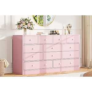 GarveeHome 12 Drawer Dresser for Bedroom, 61 Inch Wood Dresser with Power Outlet, Wide Dresser Chest of Drawers for Living Room, Hallway, Tall Dressers with Smooth Metal Rail, Large Storage, Pink