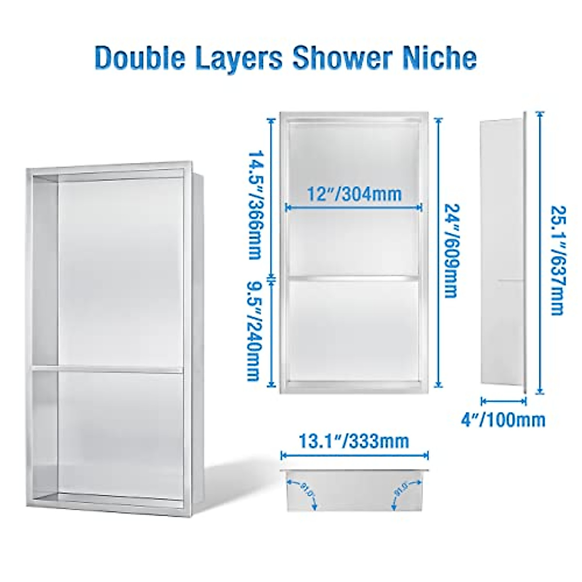 Neodrain No Tile Shower Niche, Stainless Steel Bathroom Shelf 25.1"x13.1" (Inner Size 24" X 12"), Two-Tier Stainless Niche, Bathroom Niche Cubby for Storage, No Tile Needed Recessed, (Brushed)