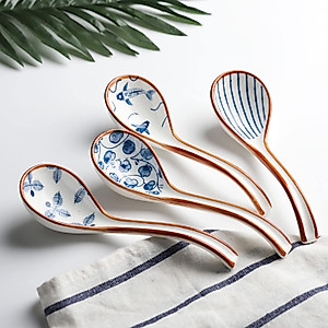 Asian Soup Spoon Ceramic Ramen Spoons Korean Spoons Porcelain Japanese Soup Spoon for Ramen Noodles Pho Miso Dumpling 4pcs (Style 1)