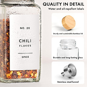 EDELHAUS Glass Spice Jars with Label and Bamboo Lids (24 x 4oz) Spice Containers with 240 Labels, Shaker Inserts, Steel Funnel, Empty Square Seasoning Organizer for Spice Rack, Cabinet, Drawer