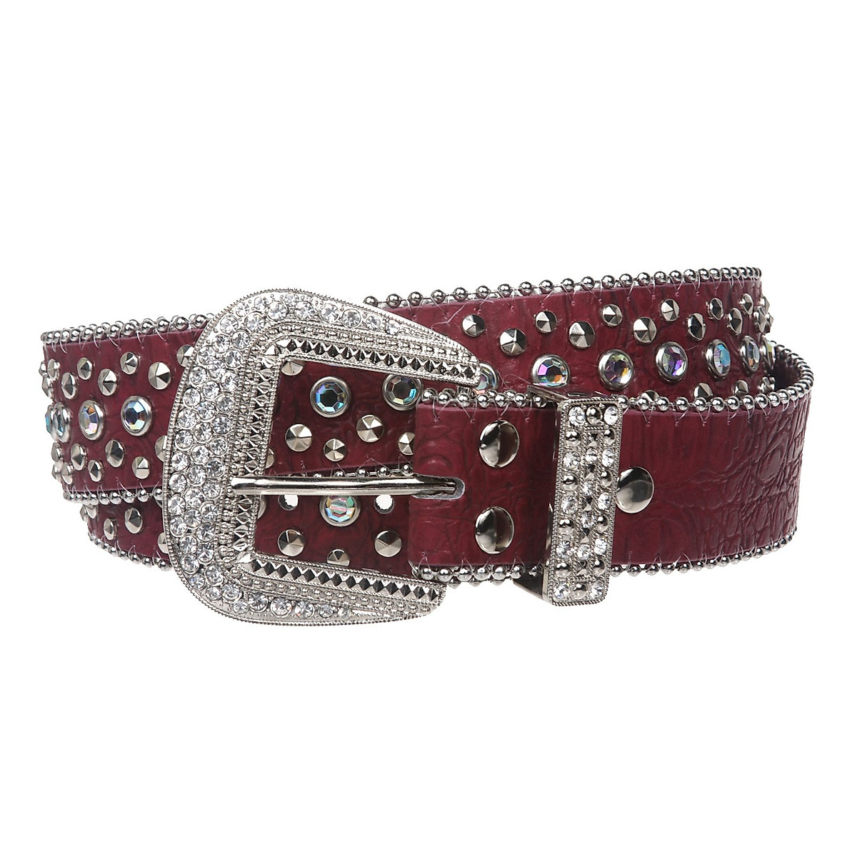 Snap On Western Cowgirl Alligator Rhinestone Studded Leather Belt, Wine | M/L - 38"