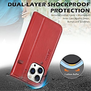 SHIELDON Case for iPhone 14 Pro Max 5G, Genuine Leather Wallet Case Magnetic Cover RFID Blocking Card Holder Kickstand Drop Protection Case Compatible with iPhone 14 Pro Max 6.7" 2022 - Retro Red
