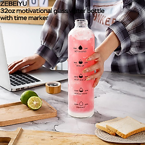 ZEBEIYU 32oz Glass Water Bottle,Borosilicate Glass Drinking Bottles with Time Marker,Bamboo lids,Felt Sleeve,Dishwasher Safe,Reusable,Leak-Proof,BPA Free for Office,Sports,Gym,Travel (Pack1)