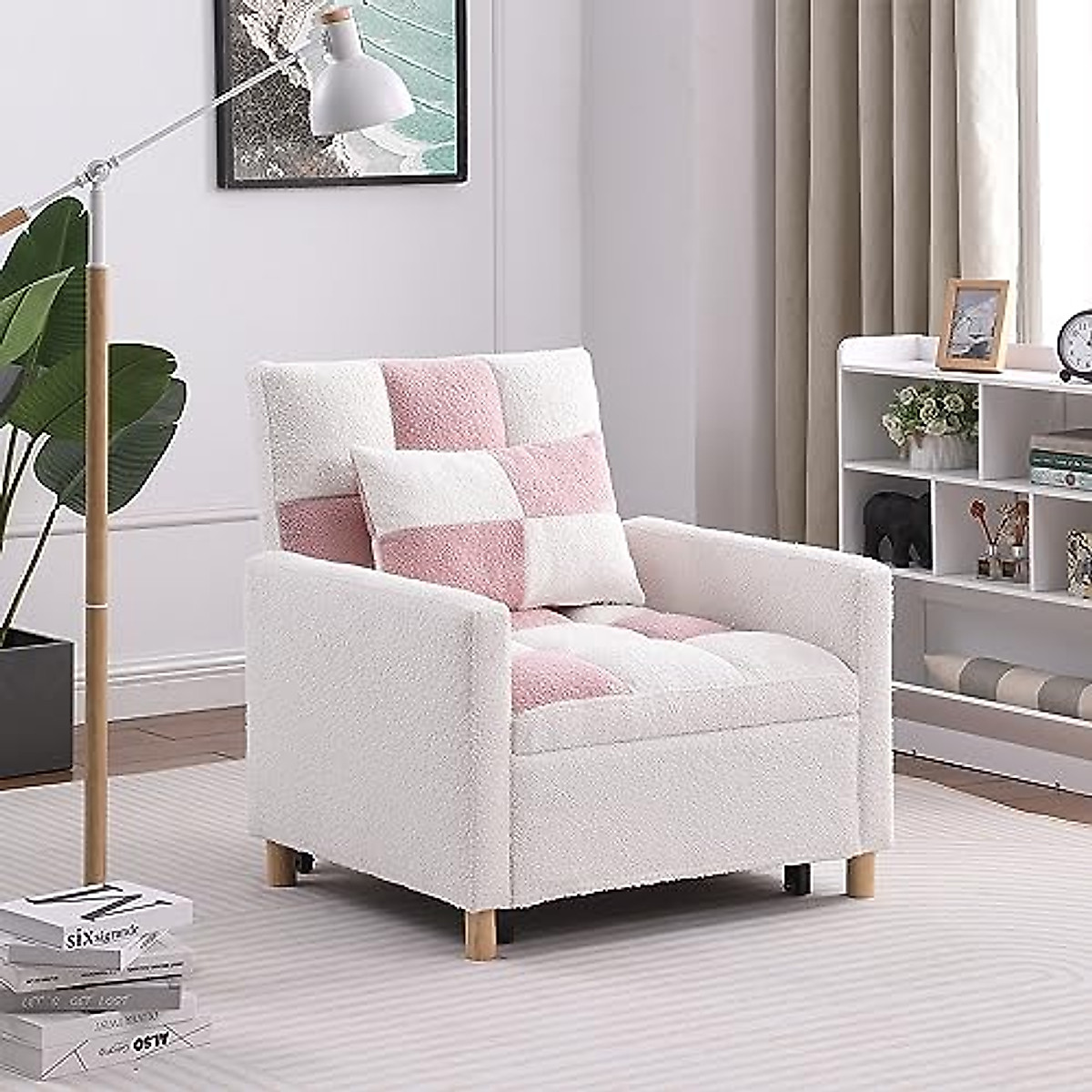 VKKILPEE Pink Convertible Sleeper Sofa Chair Bed 3-in-1 Single Bed with Pillow, Multi-Functional Adjustable Futon Couch Sleeper with Soft Teddy Fabric for Living Room Dorm Apartment Bedroom Office